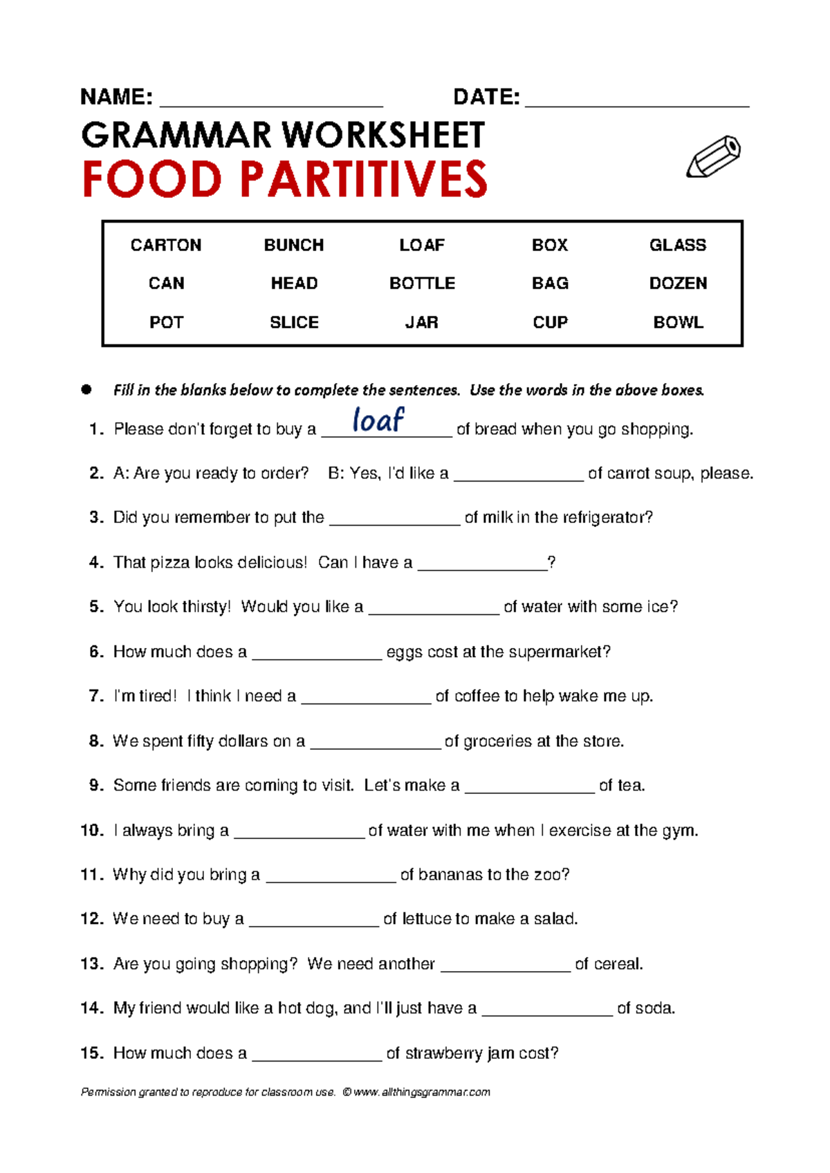 Atg-Worksheet: Food Partitives Grammar Exercise - Studocu