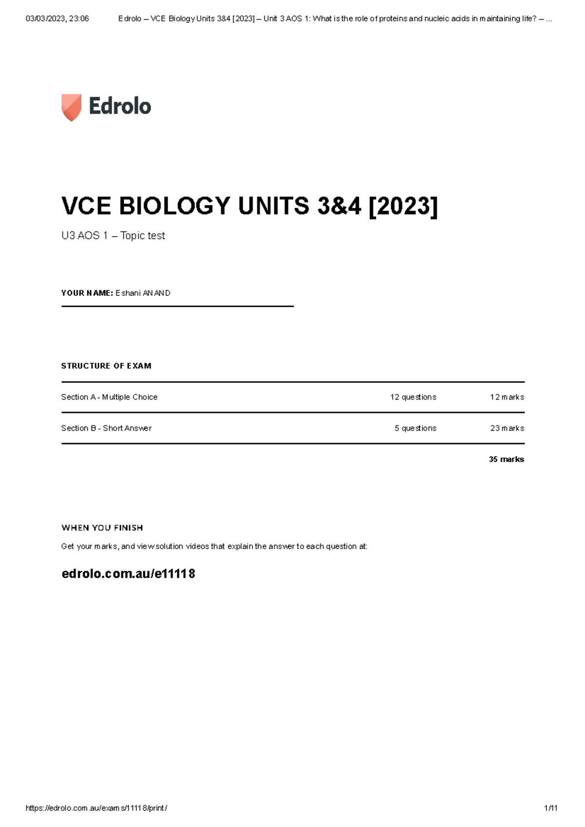 VCE BIOLOGY 3&4 Practice Test - Edrolo SAC 1 Notes - Studocu