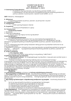 Lesson Plan in ESP 9 - 1st Quarter, Week 2 Activities and Objectives - Studocu