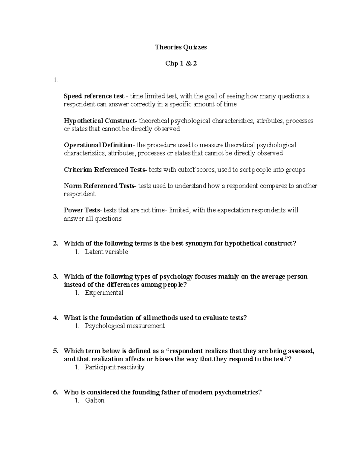 Theories Quizzes - Theories Quizzes Chp 1 & 2 Speed reference test ...