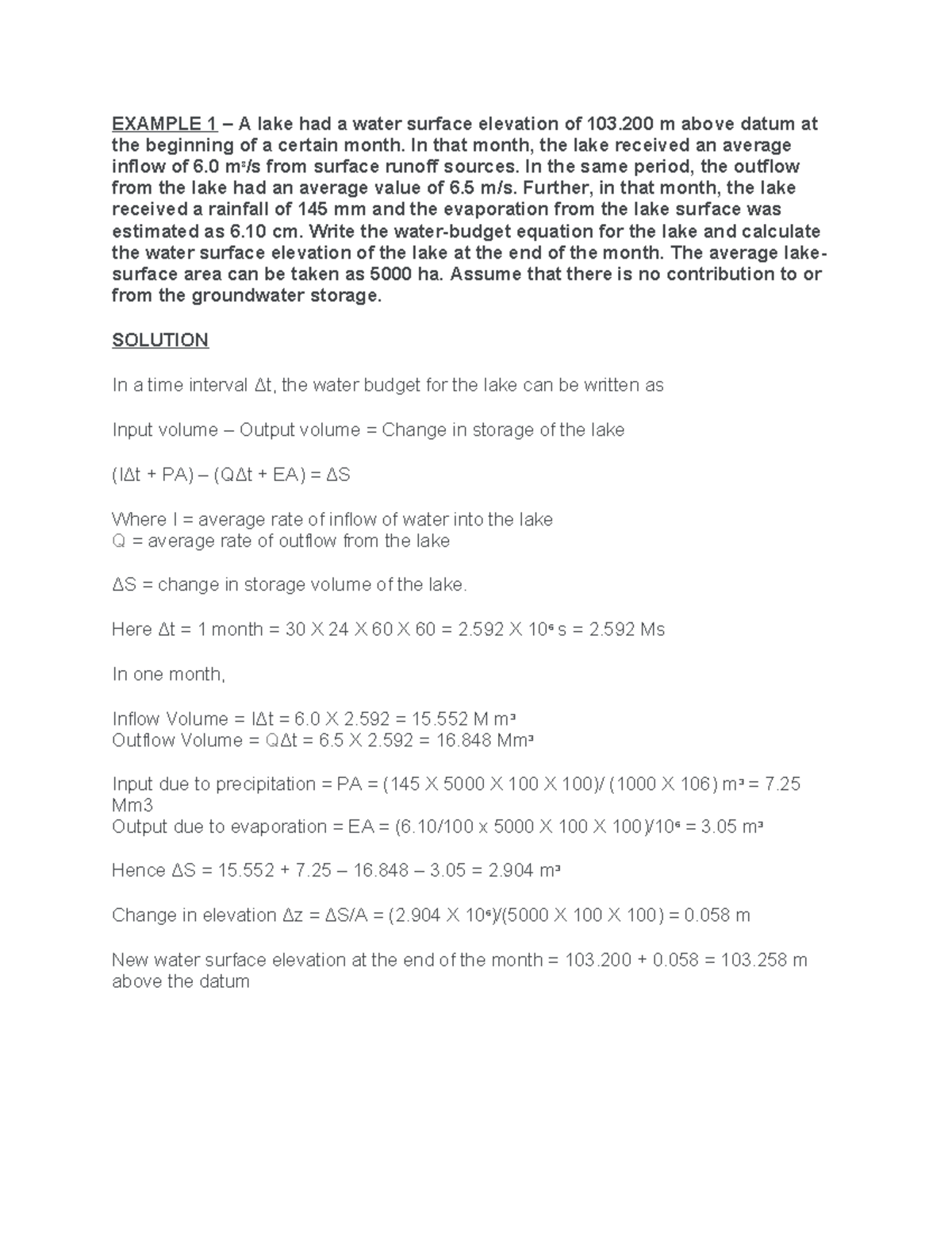 RUNOFF WATER BUDGET CALCULATION: LAKE SURFACE ELEVATION ANALYSIS - Studocu