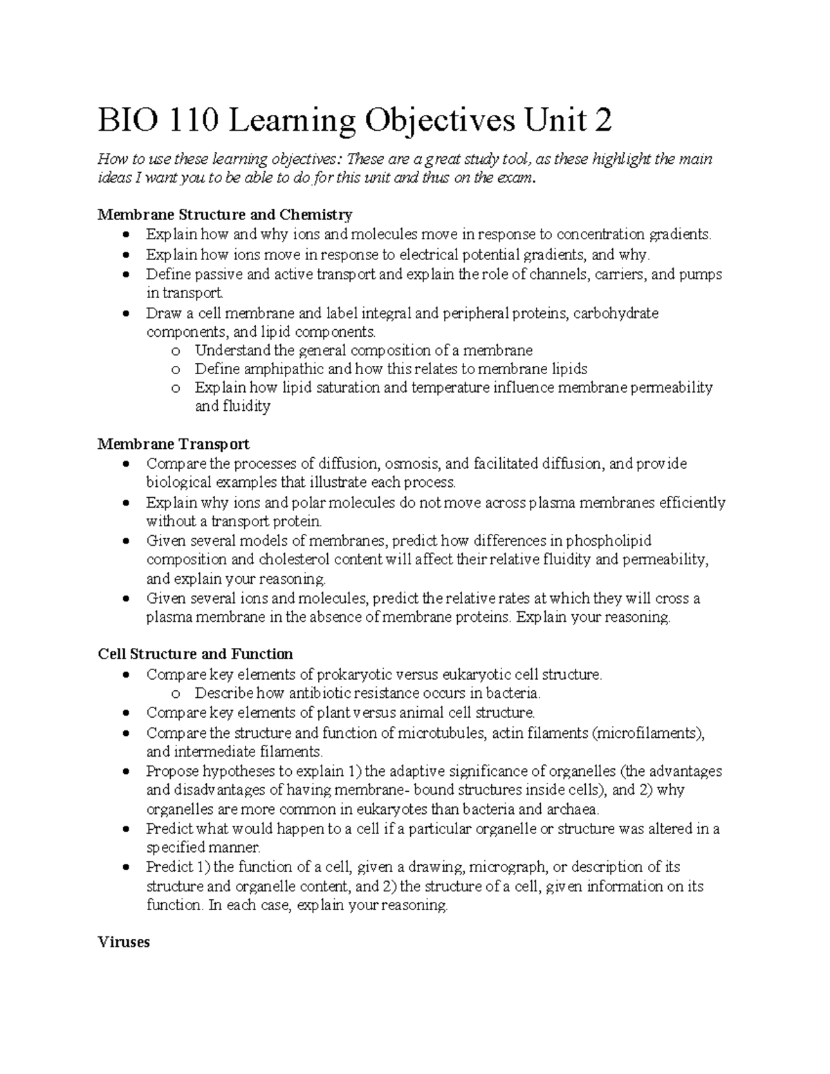 BIO 110 Unit 2 Learning Objectives: Membrane Structure & Transport - Studocu
