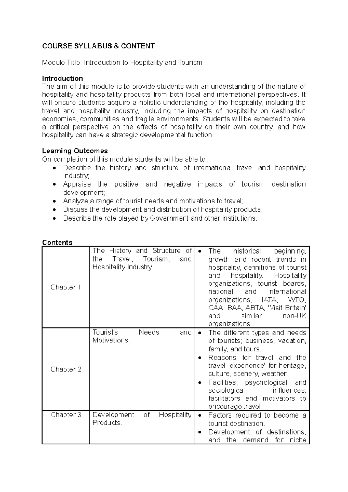 Tourism Management Syllabus: Introduction to Hospitality & Tourism ...