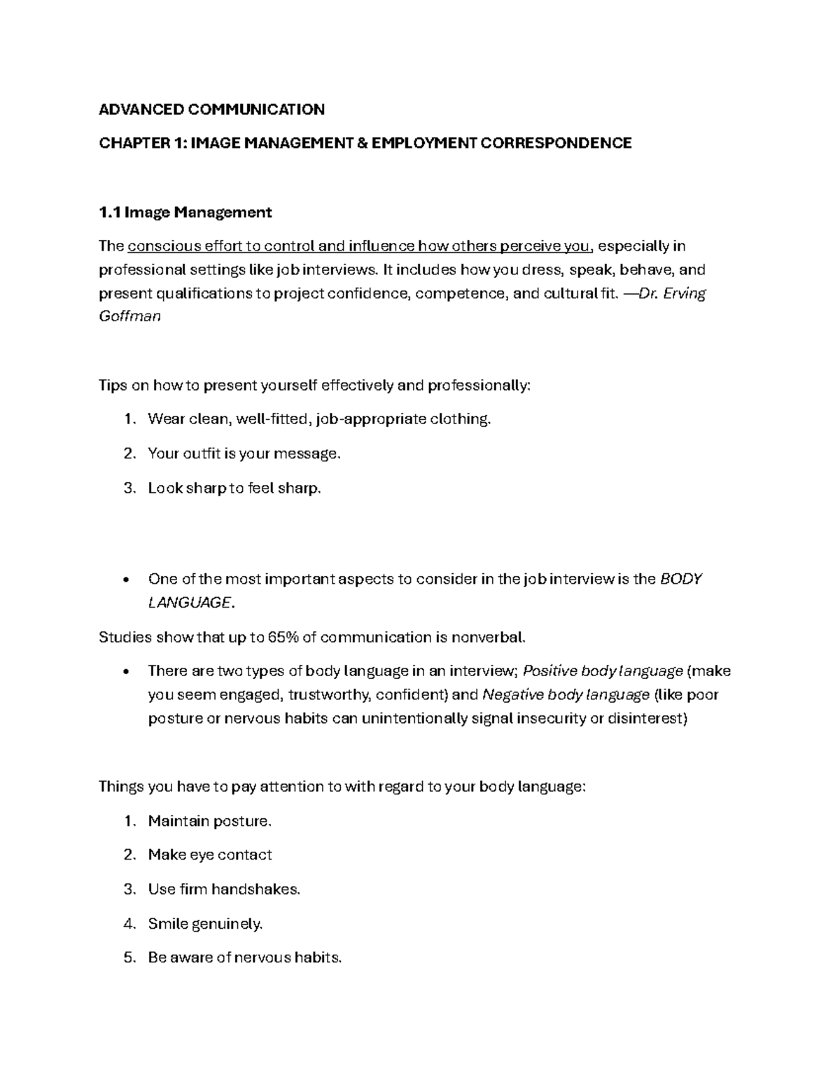 ADVANCED COMMUNICATION CHAPTER 1: IMAGE MANAGEMENT & EMPLOYMENT ...