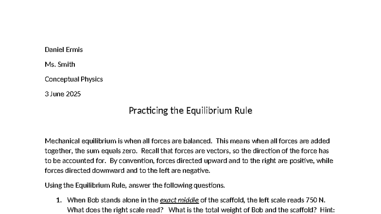 Conceptual Physics 3: Equilibrium Rule Practice Worksheet - Studocu