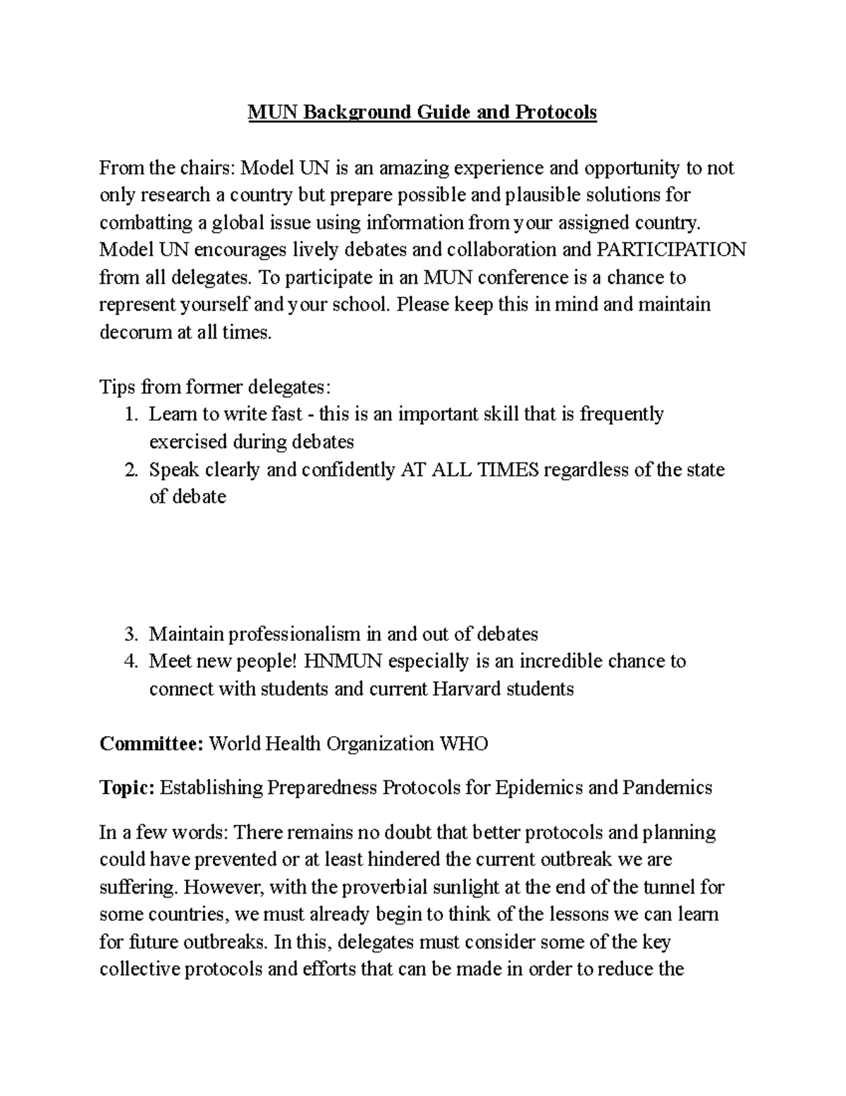 MUN WHO Protocols: Guidelines for Epidemic Preparedness Discussion ...