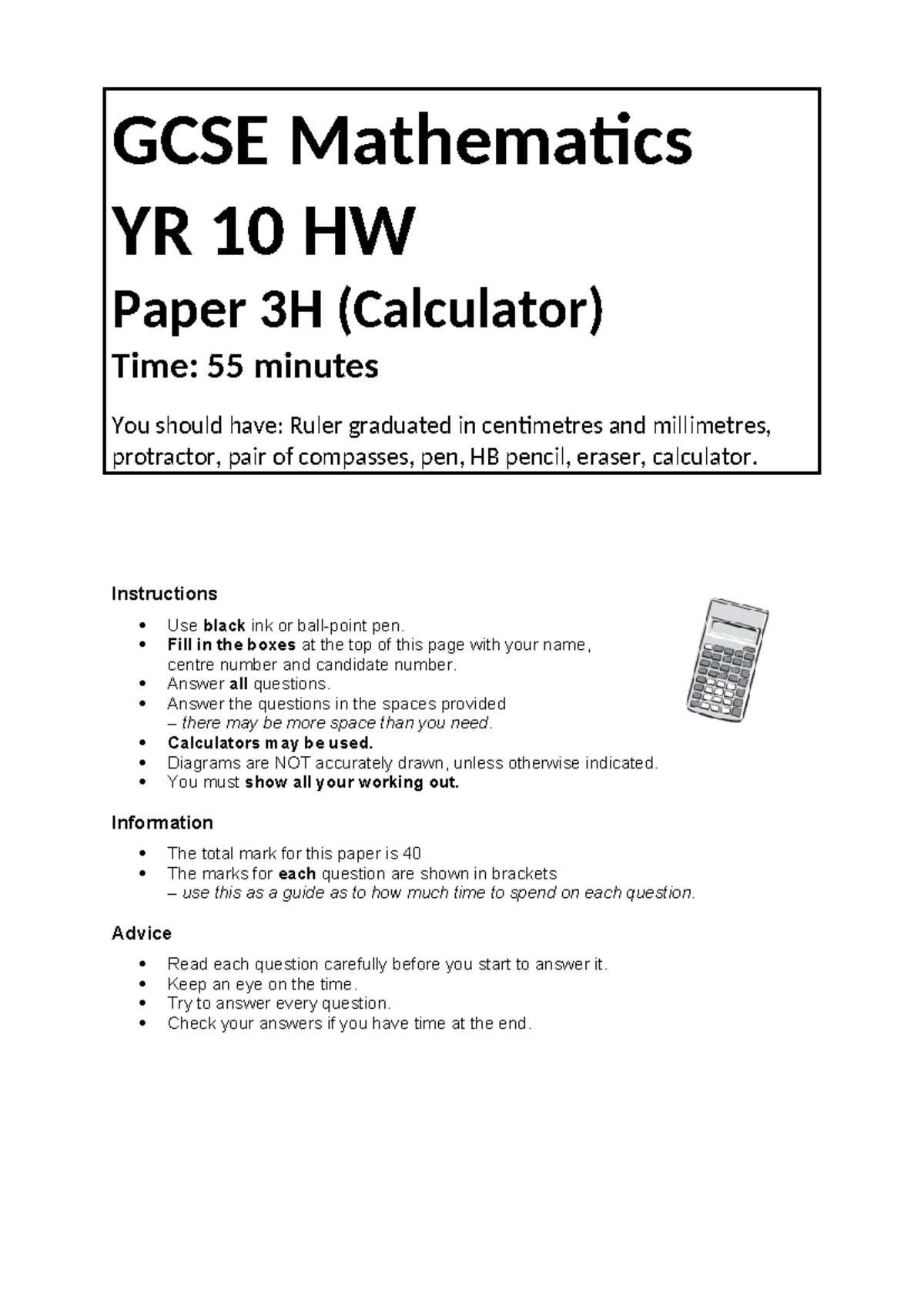 GCSE Maths YR 10 HW Paper 3H (Calculator) - Set 2 Solutions - Studocu