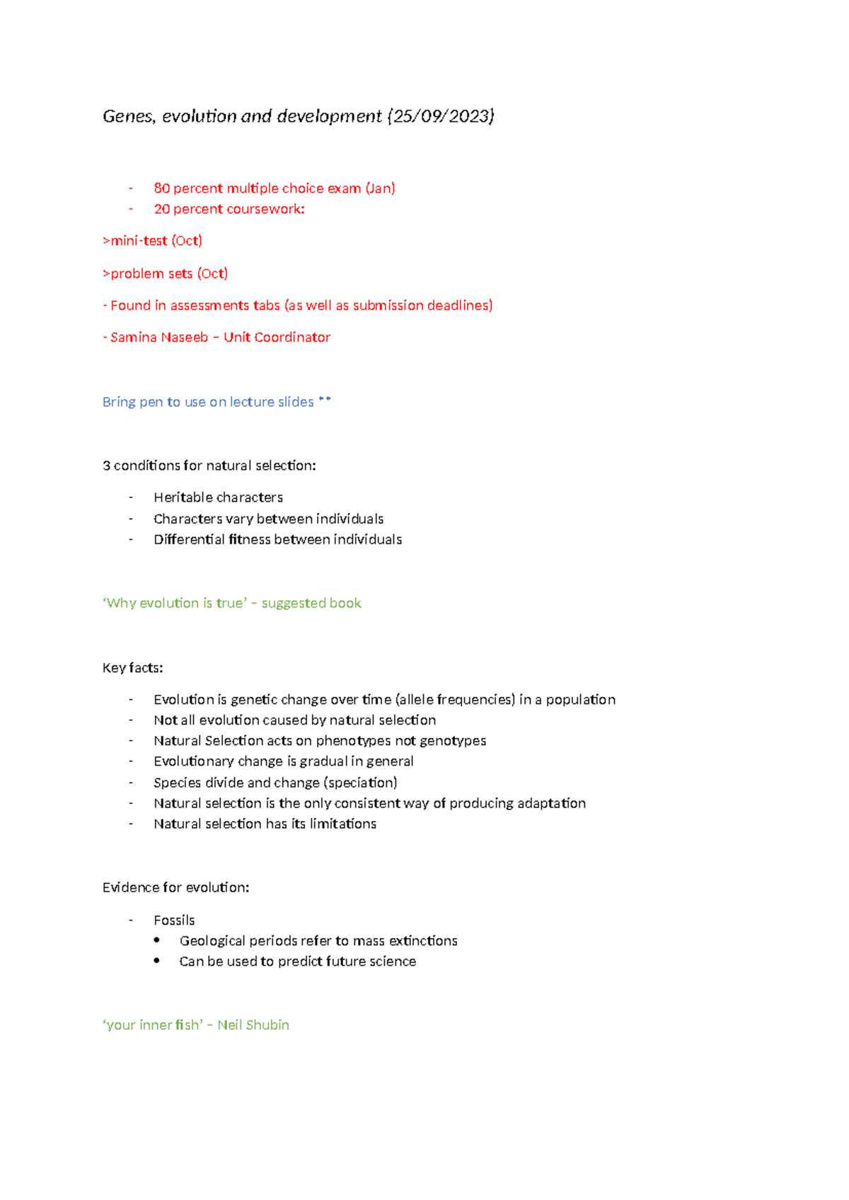 Intro Lecture (Lecture 1) - Genes, evolution and development (25/09 ...