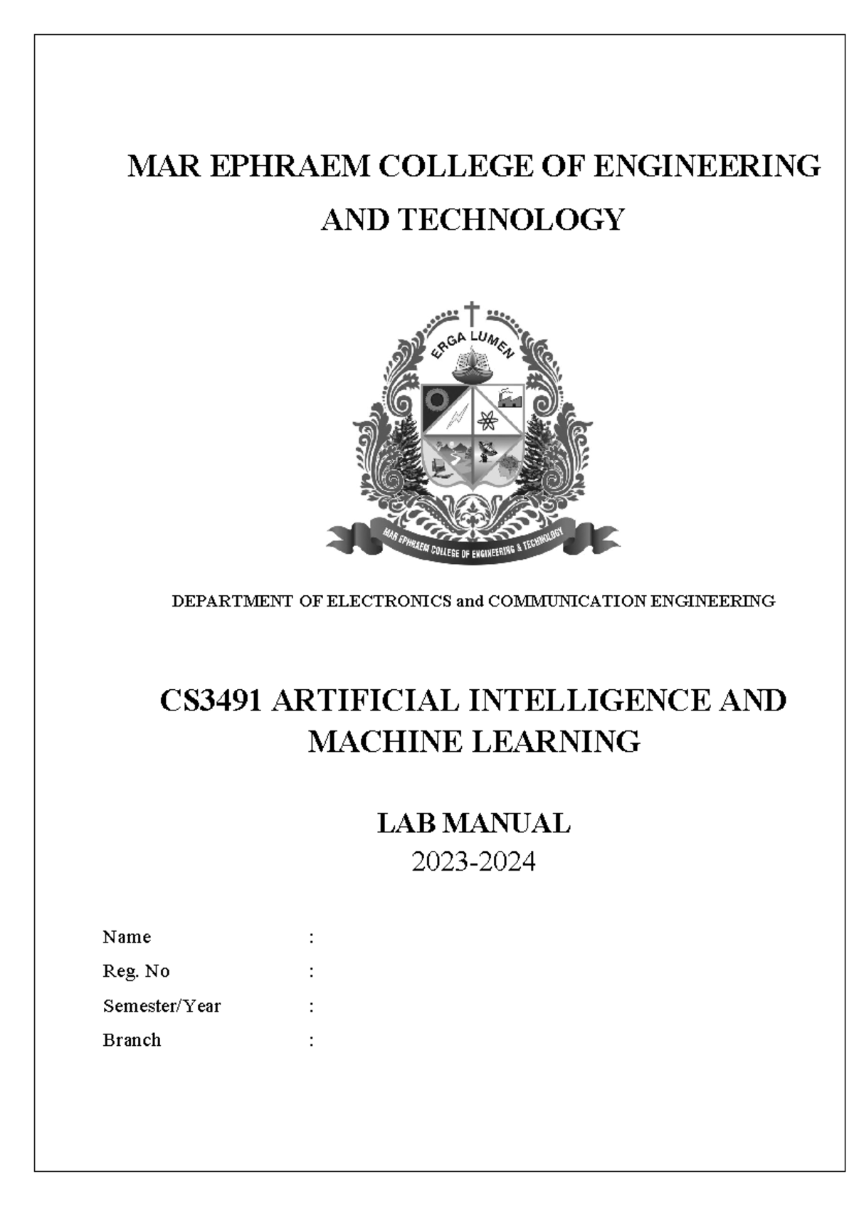 CS3491 Artificial Intelligence & Machine Learning Lab Manual - Studocu