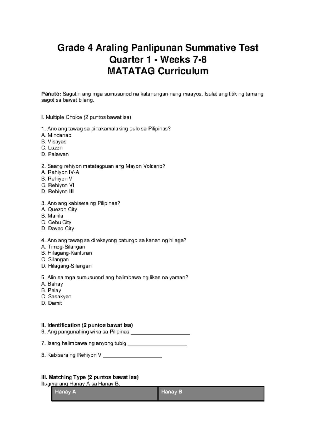 Grade 4 AP Summative Test Q1 Weeks 7-8 MATATAG Curriculum - Studocu