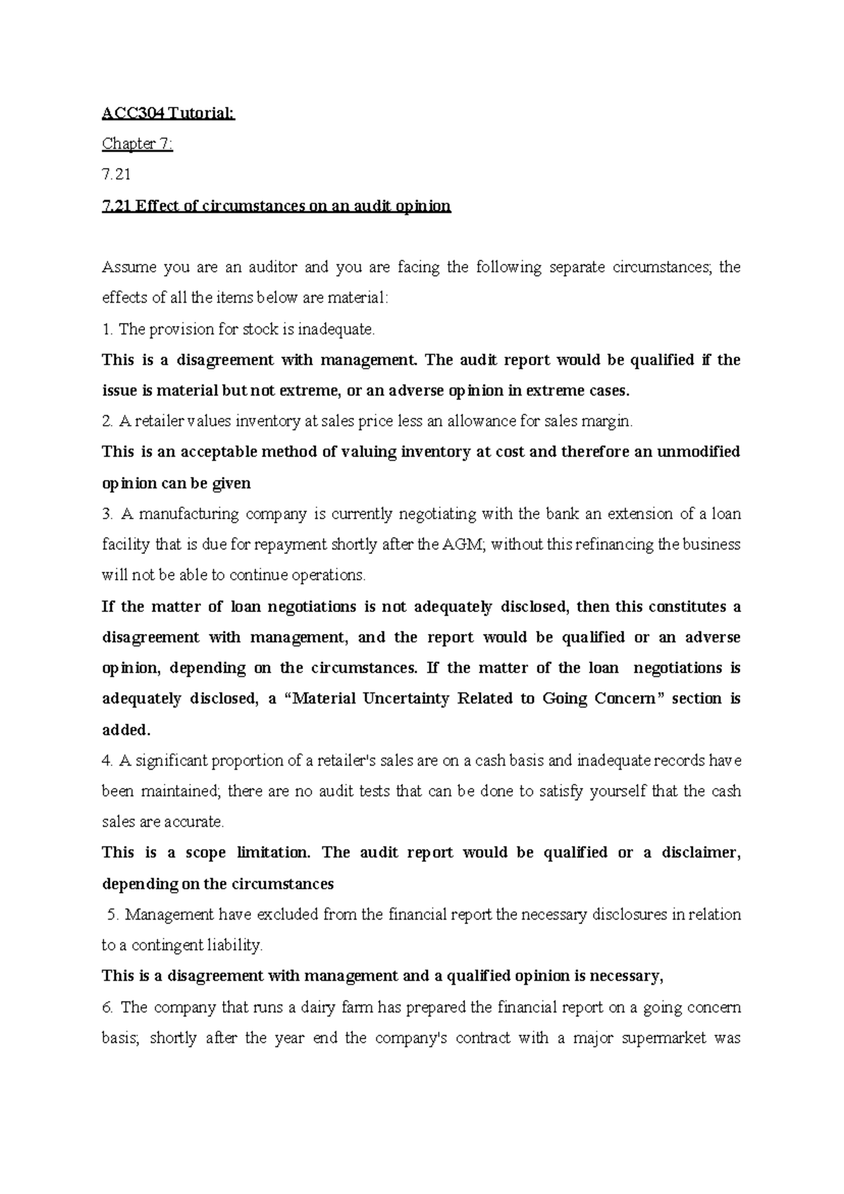 ACC304 Tutorial: Chapter 7 - Impact of Circumstances on Audit Opinions ...