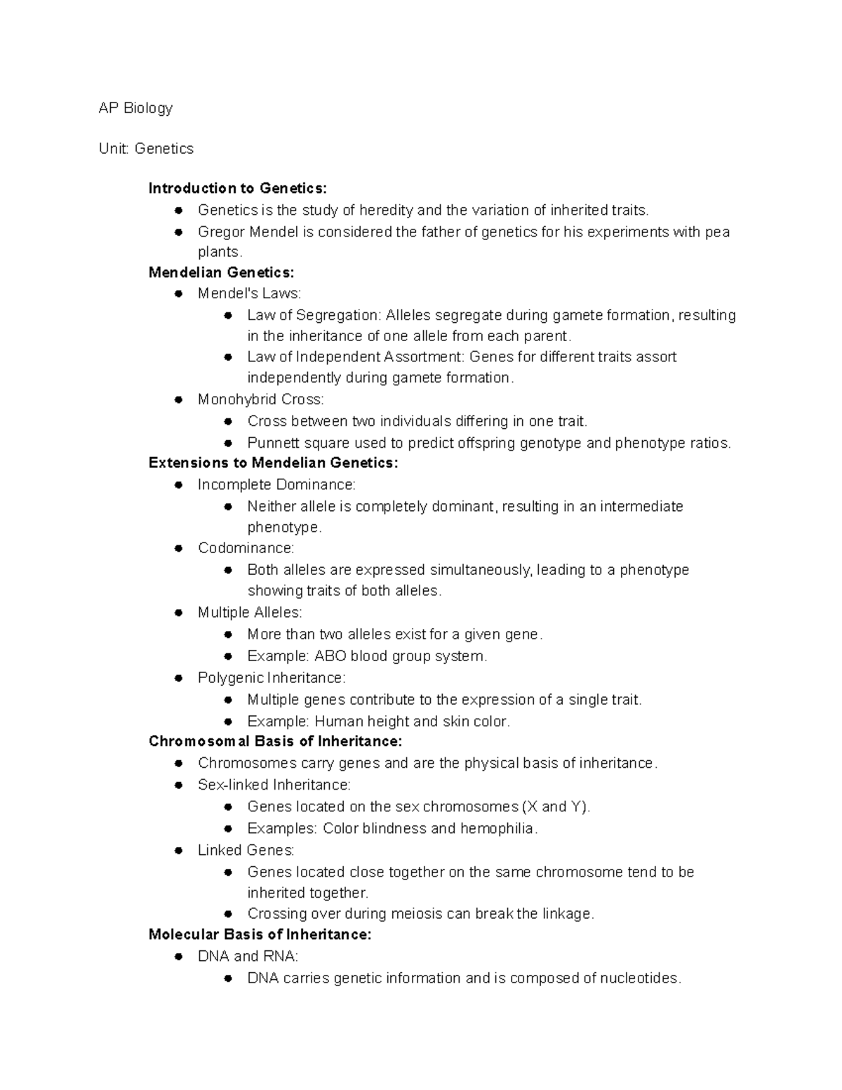 AP Biology Final Exam Study Notes: Genetics Overview - Studocu