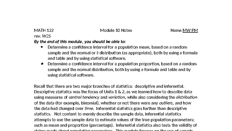 MATH 122 Module 10 Notes: Confidence Intervals for Means & Proportions ...