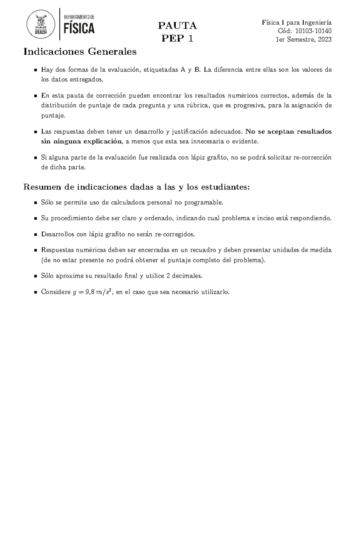 Pauta de Evaluación PEP1 10103 - Semestre 2023-1S Uvirtual - Studocu