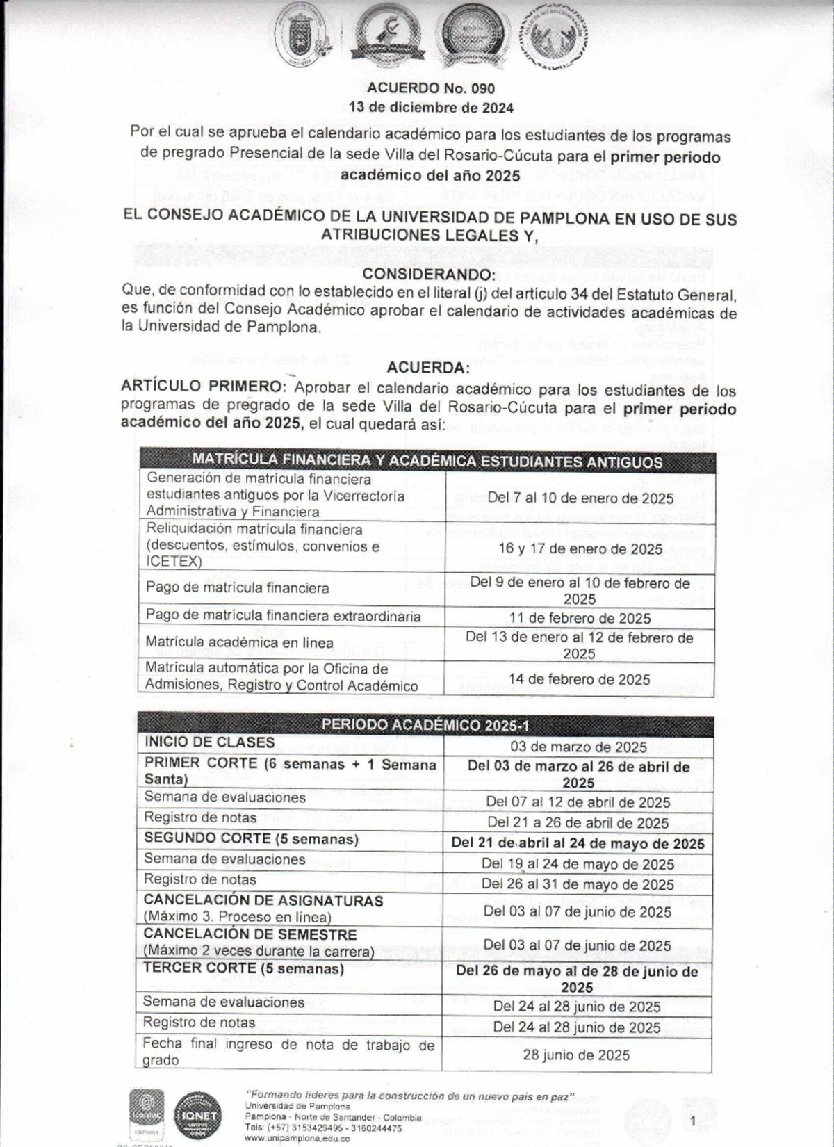 Calendario 2025-1 - Ldkdkd - ACUERDO No. 090 13 de diciembre de 2024 ...