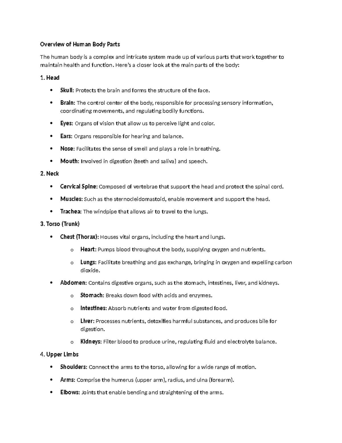 Human Body Parts Overview: Anatomy and Functions - Studocu
