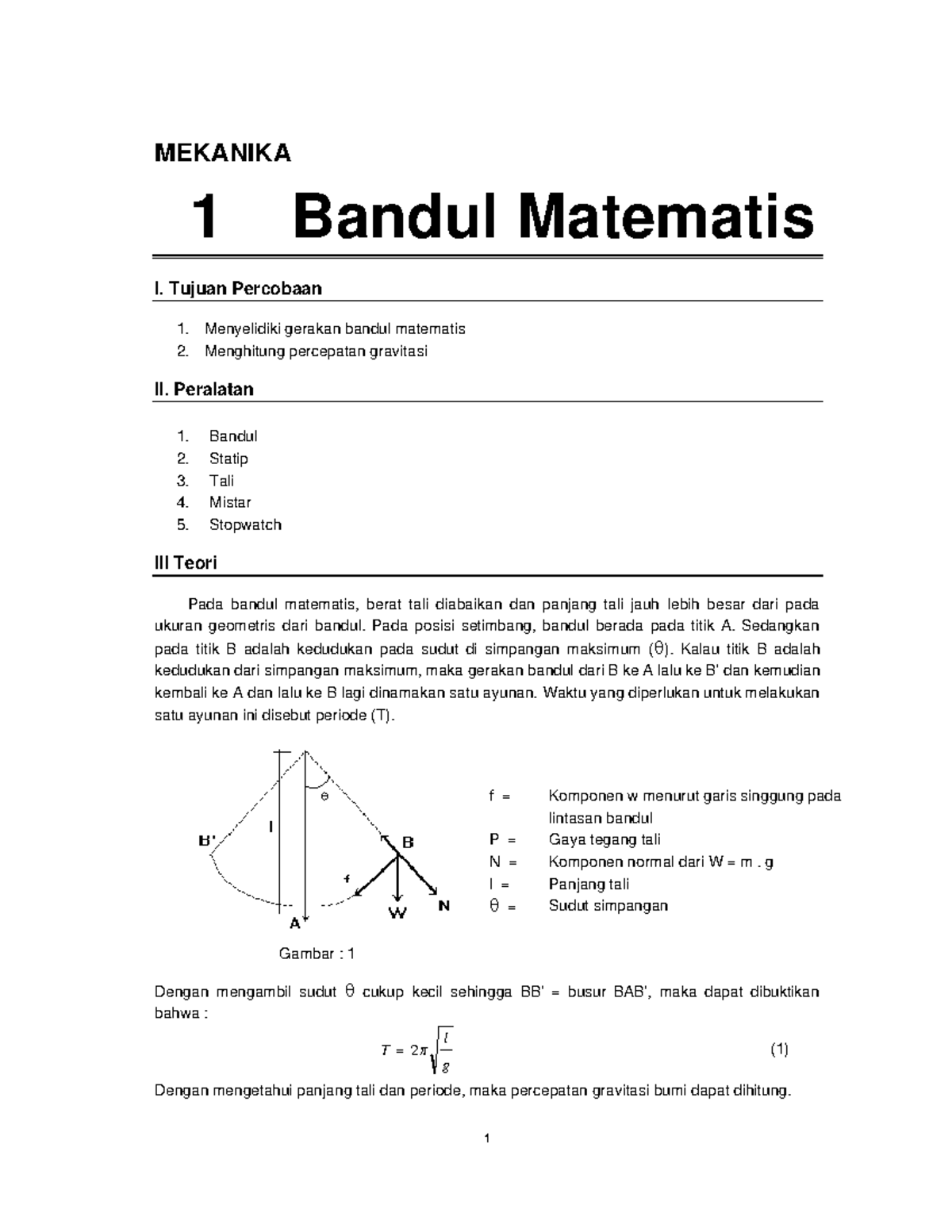 M1 - Percobaan Bandul Matematis: Analisis Gravitasi dan Metode - Studocu