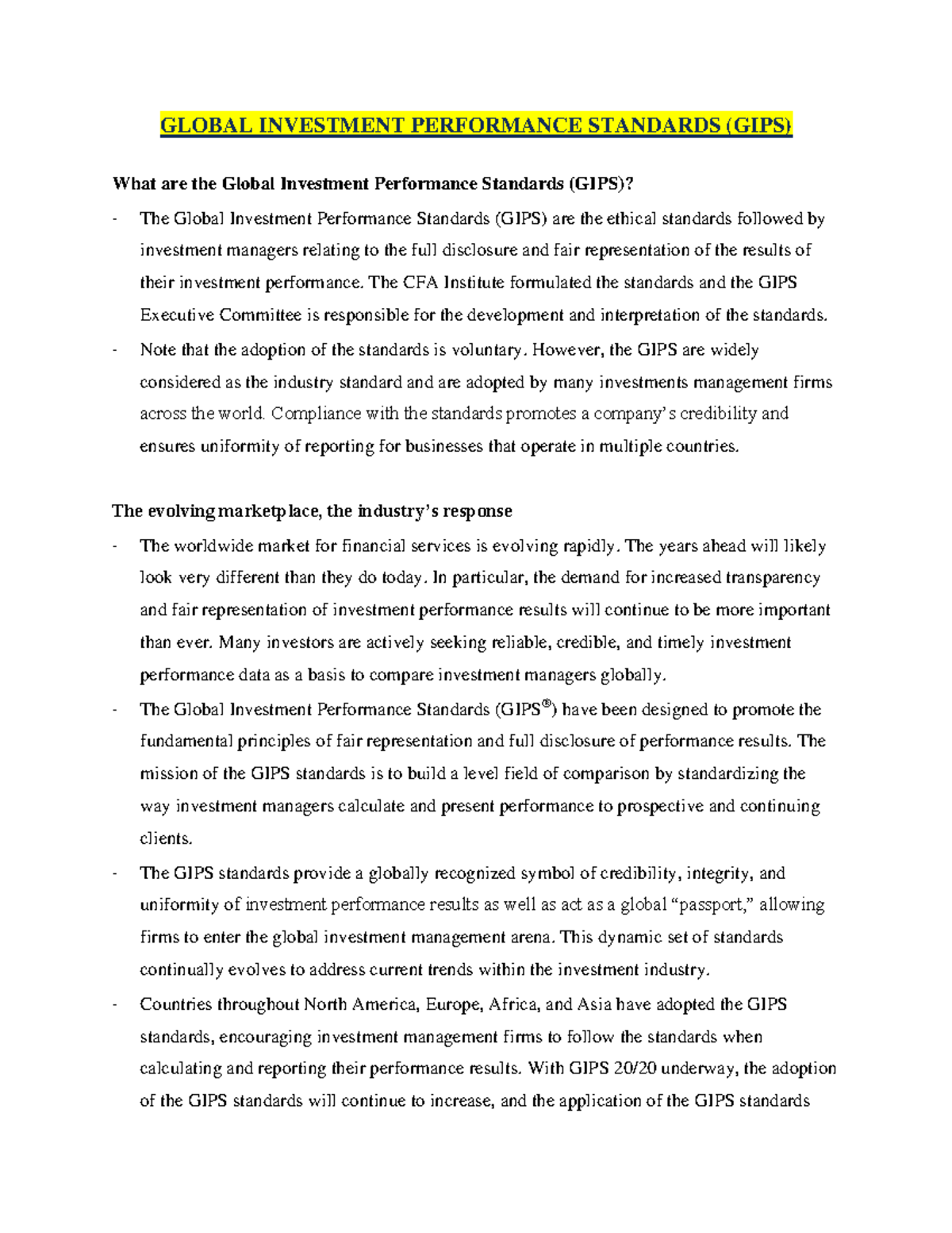 Global Investment Performance Standards (GIPS) Overview and Impacts ...