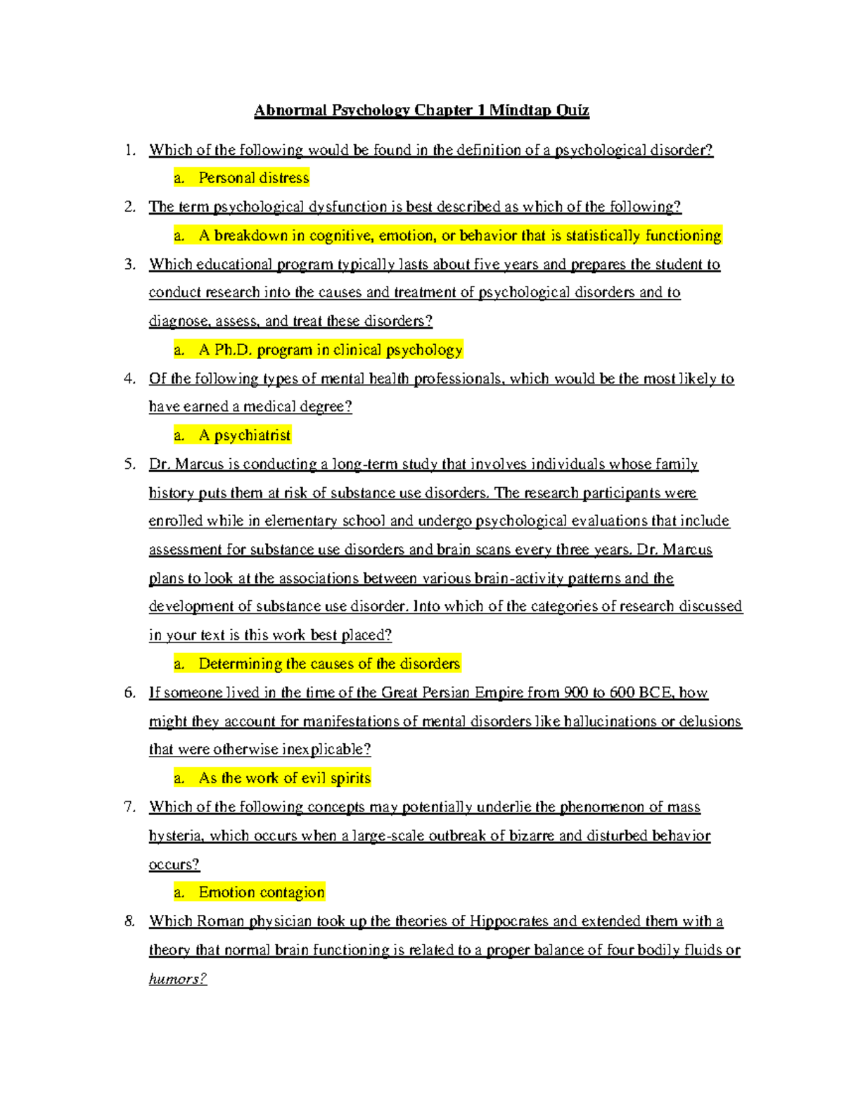 PSYC276-Ch1 Abnormal Psychology Mindtap Quiz Review - Studocu