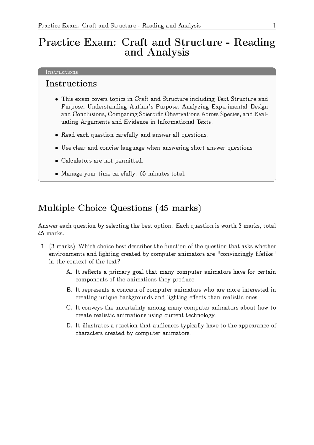 Practice Exam: Craft and Structure Reading and Analysis 1-8 - Studocu