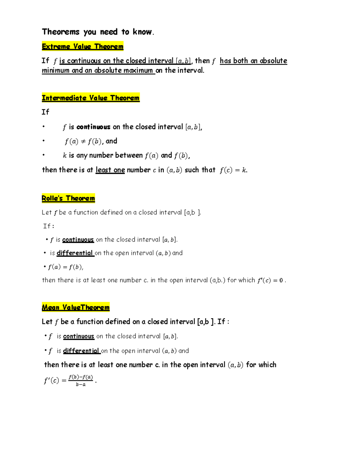Essential Theorems for Calculus: Extreme, Intermediate, and More - Studocu