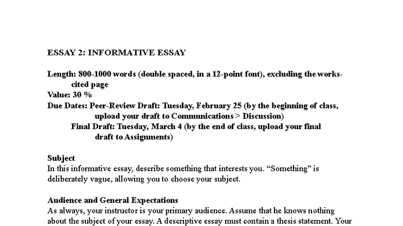 Essay 2 Instructions - good - ESSAY 2: INFORMATIVE ESSAY Length: 800 ...