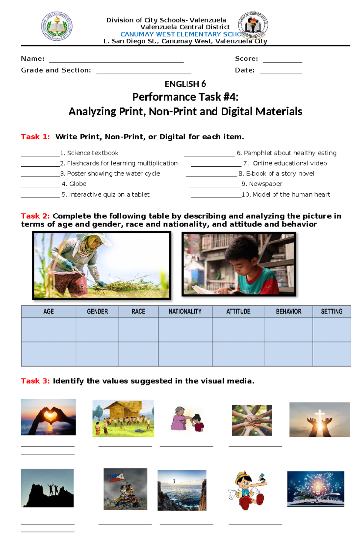 ENGLISH 6 Q1 Performance Task: Analyzing Media Materials - Studocu