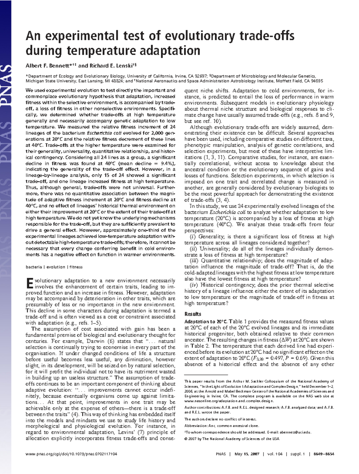 Experimental Evolution of E. coli: Trade-Offs in Temperature Adaptation ...