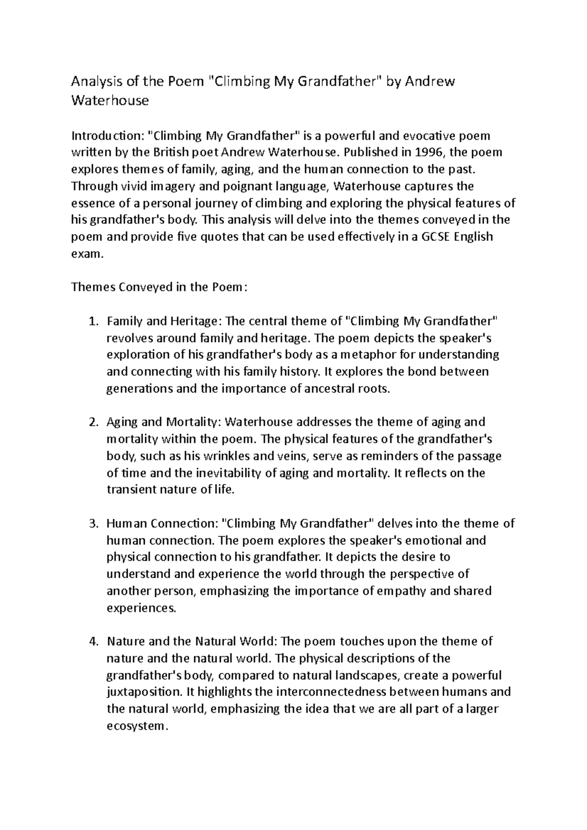 Analysis of the Poem "Climbing My Grandfather" by Andrew Waterhouse ...