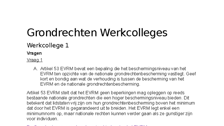 Grondrechten Werkcolleges: Werkcollege 1 en 2 Vragen en Antwoorden ...
