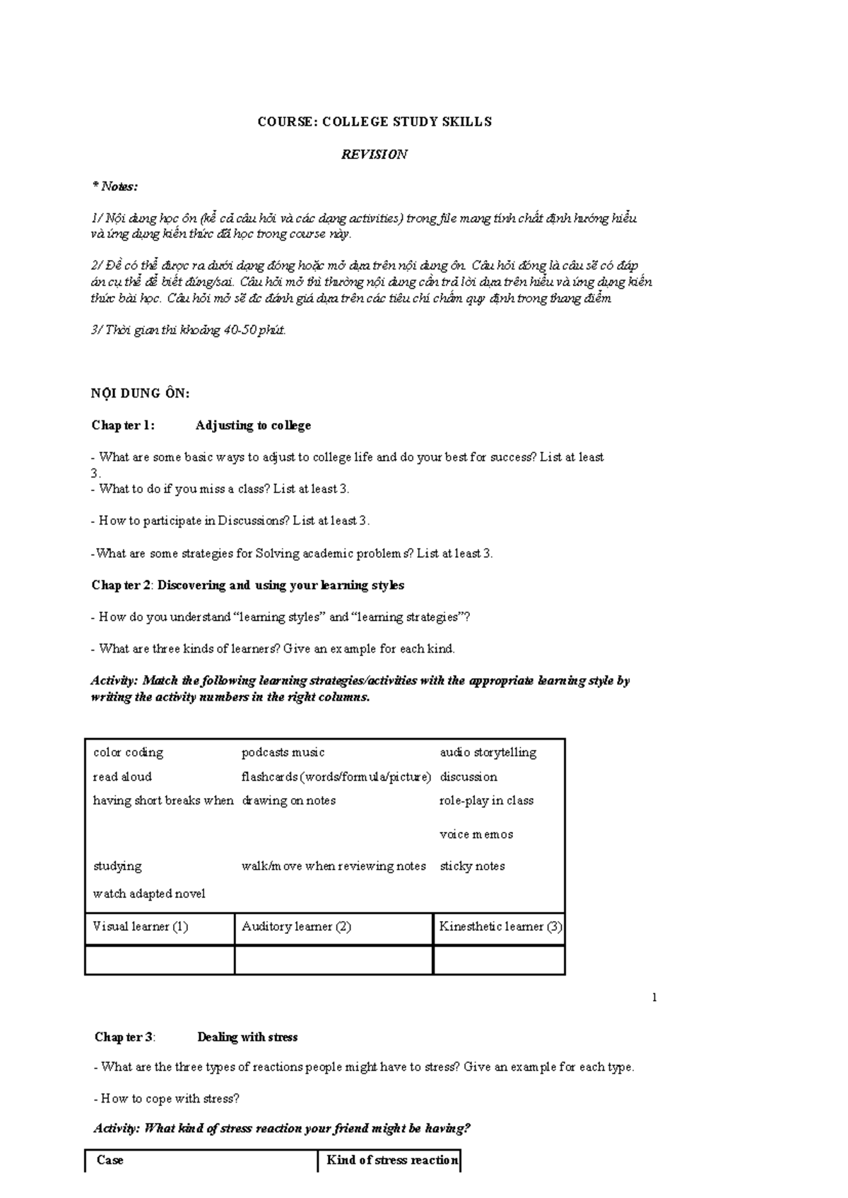 COURSE: COLLEGE STUDY SKILLS REVISION Notes and Activities - Studocu