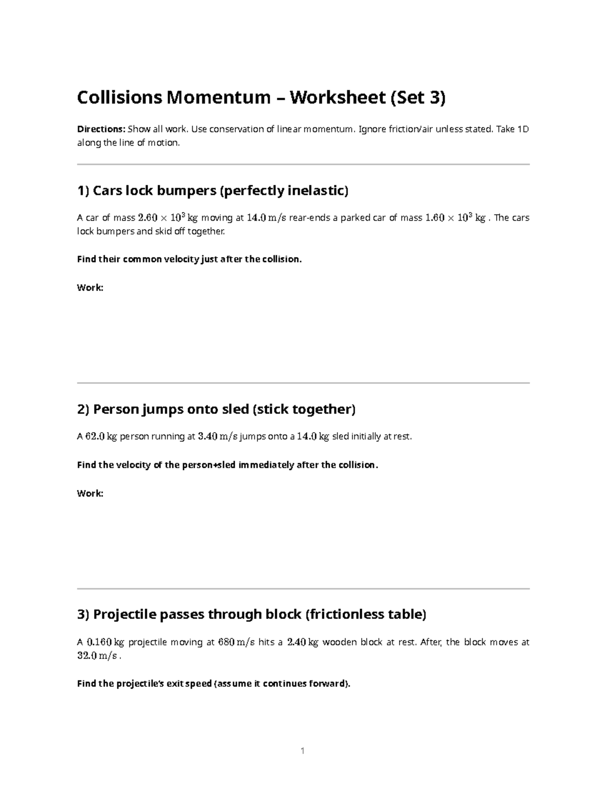 Collisions Momentum Worksheet & Answer Key (Set 3) - Studocu