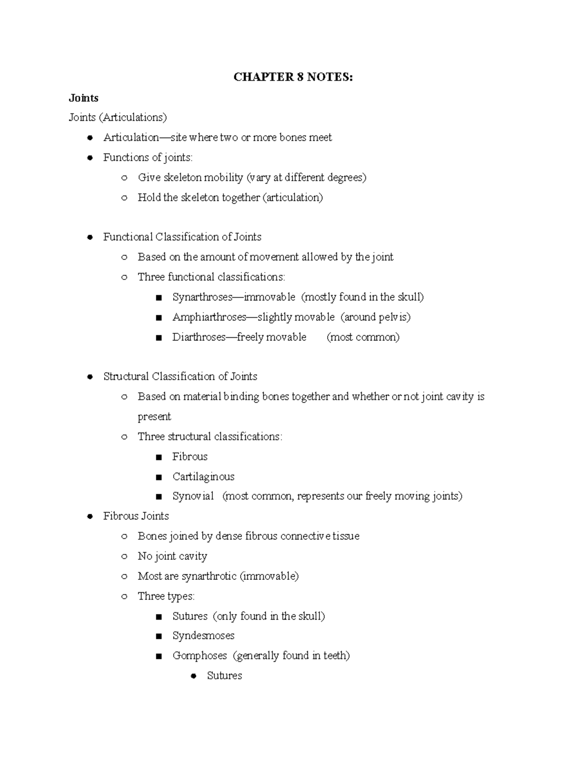 CHAPTER 8 NOTES: Joints (Articulations) and Their Functions - Studocu