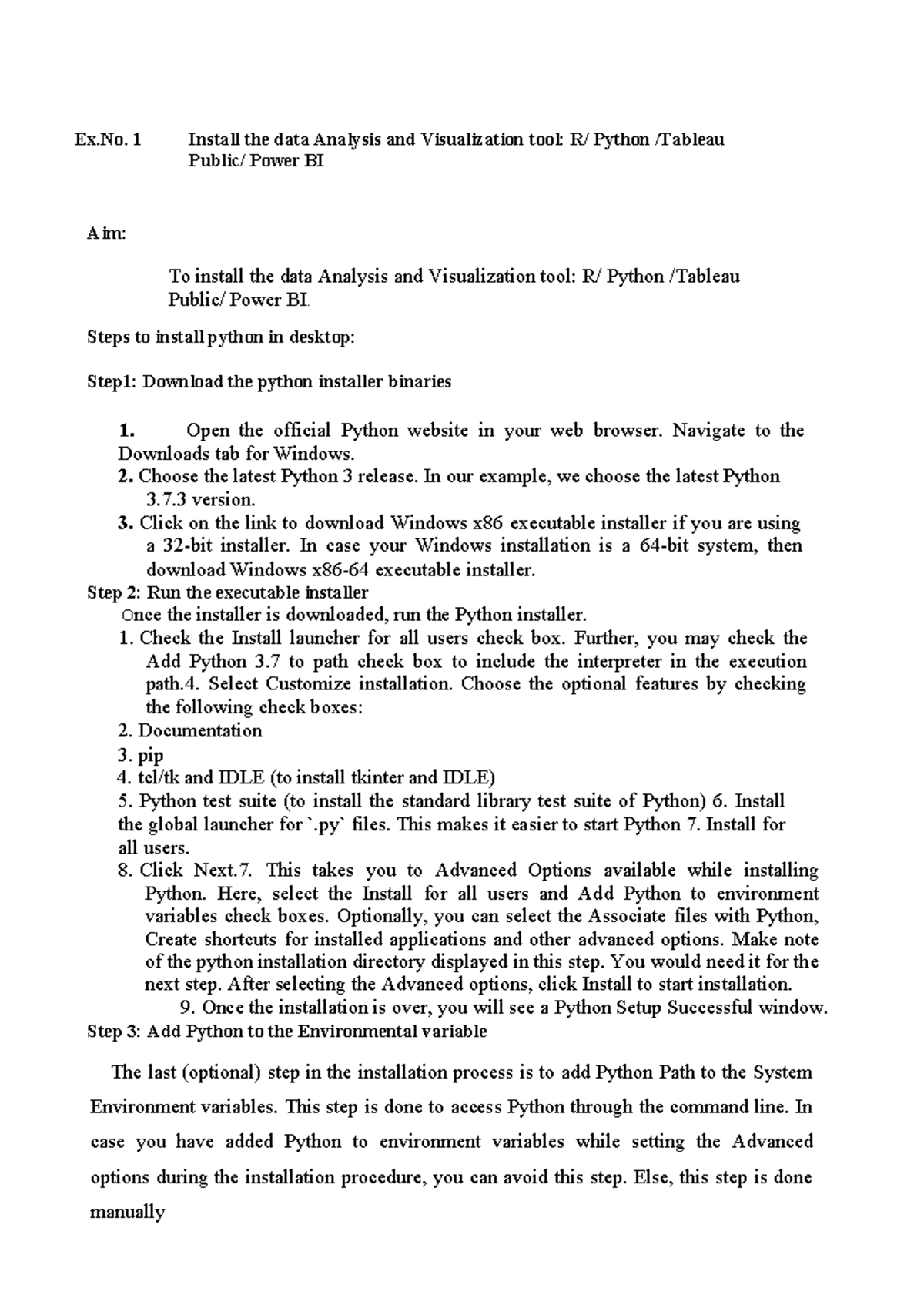 Dv lab manual - Ex. 1 Install the data Analysis and Visualization tool ...