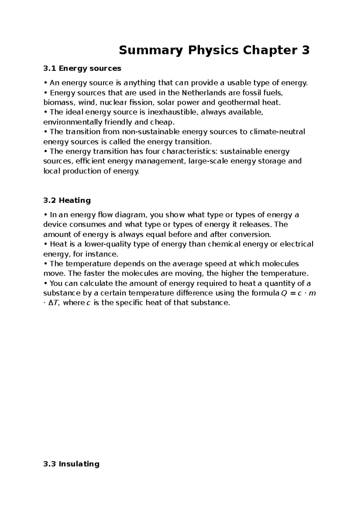 Summary of Physics Chapter 3: Energy Sources and Heating - Studeersnel
