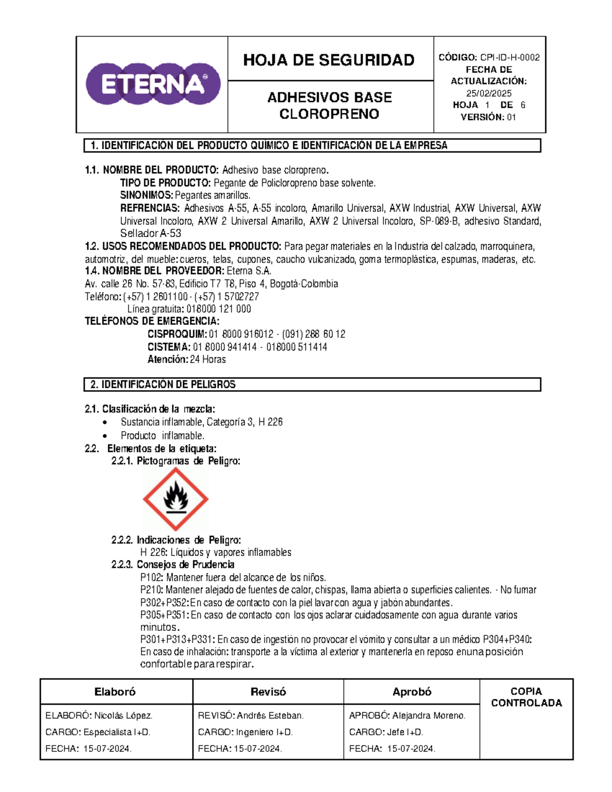 FDS Adhesivos Base Cloropreno - Seguridad y Manejo - Studocu