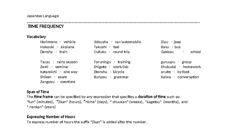 Japanese Language Vocabulary and Time Expressions (JPN 101) - Studocu