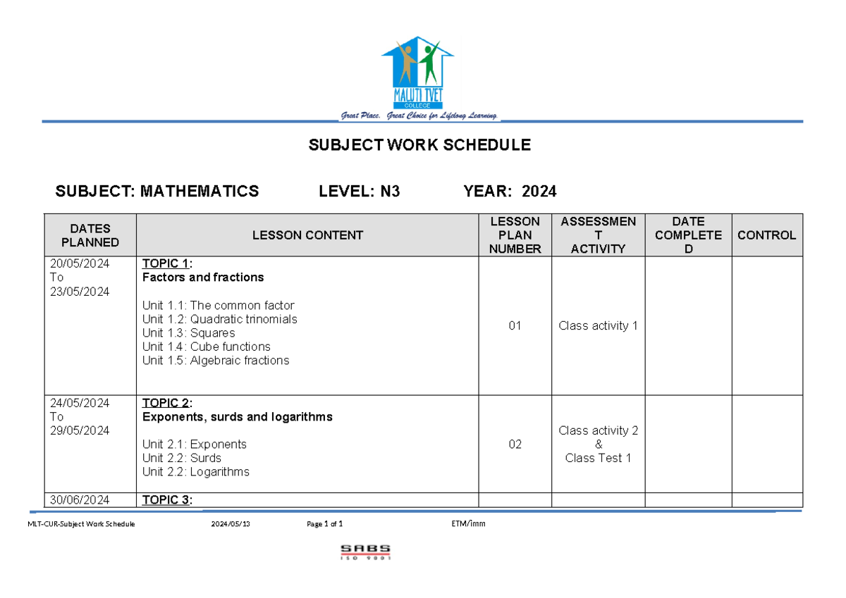 Mathematics N3 Subject Work Schedule 2024: Detailed Lesson Plan - Studocu