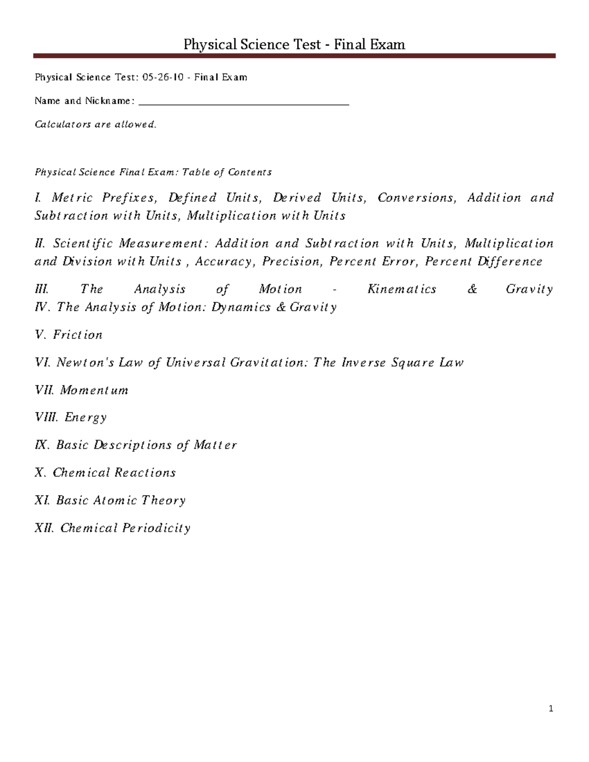 Physical Science 05-17-10 Final Exam Study Guide - Studocu