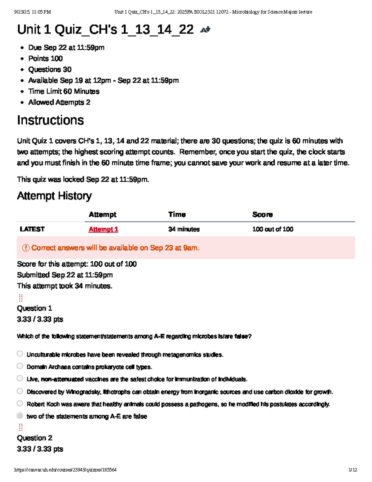 Unit 1 Quiz Practice for 2025FA BIOL2321 Microbiology Majors - Studocu