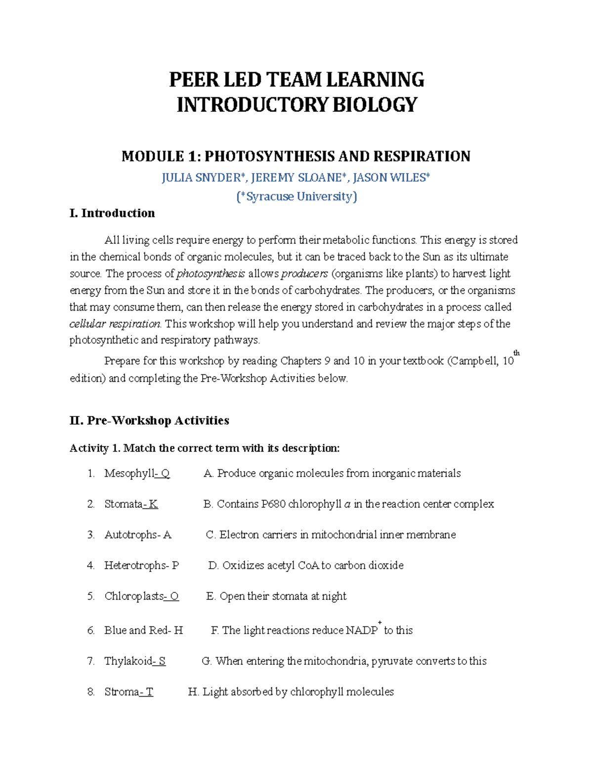 BIO 123 Module 1: Photosynthesis & Respiration Workshop Activities ...