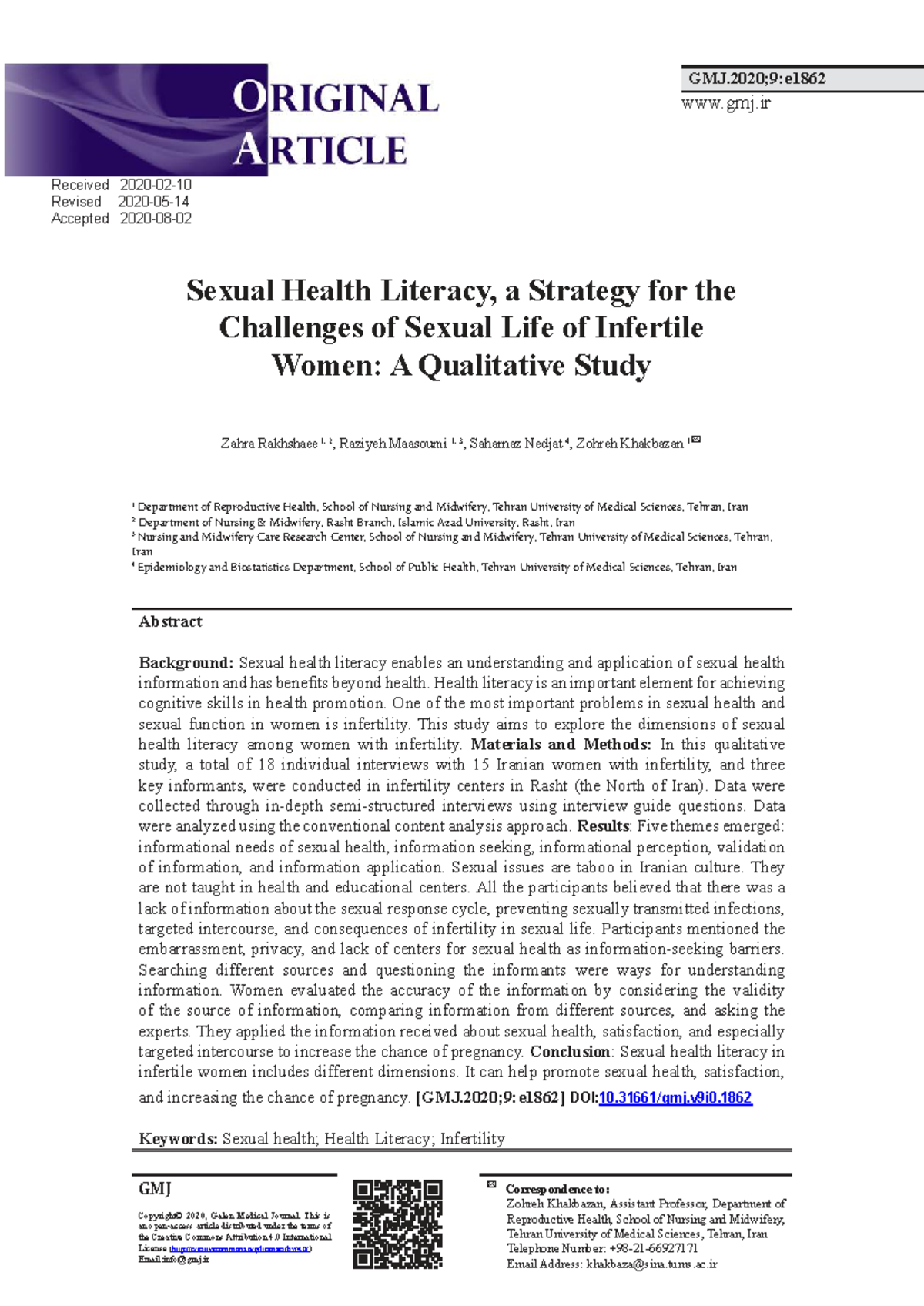 Sexual Health Literacy in Infertile Women: A Qualitative Study GMJ 2020 ...