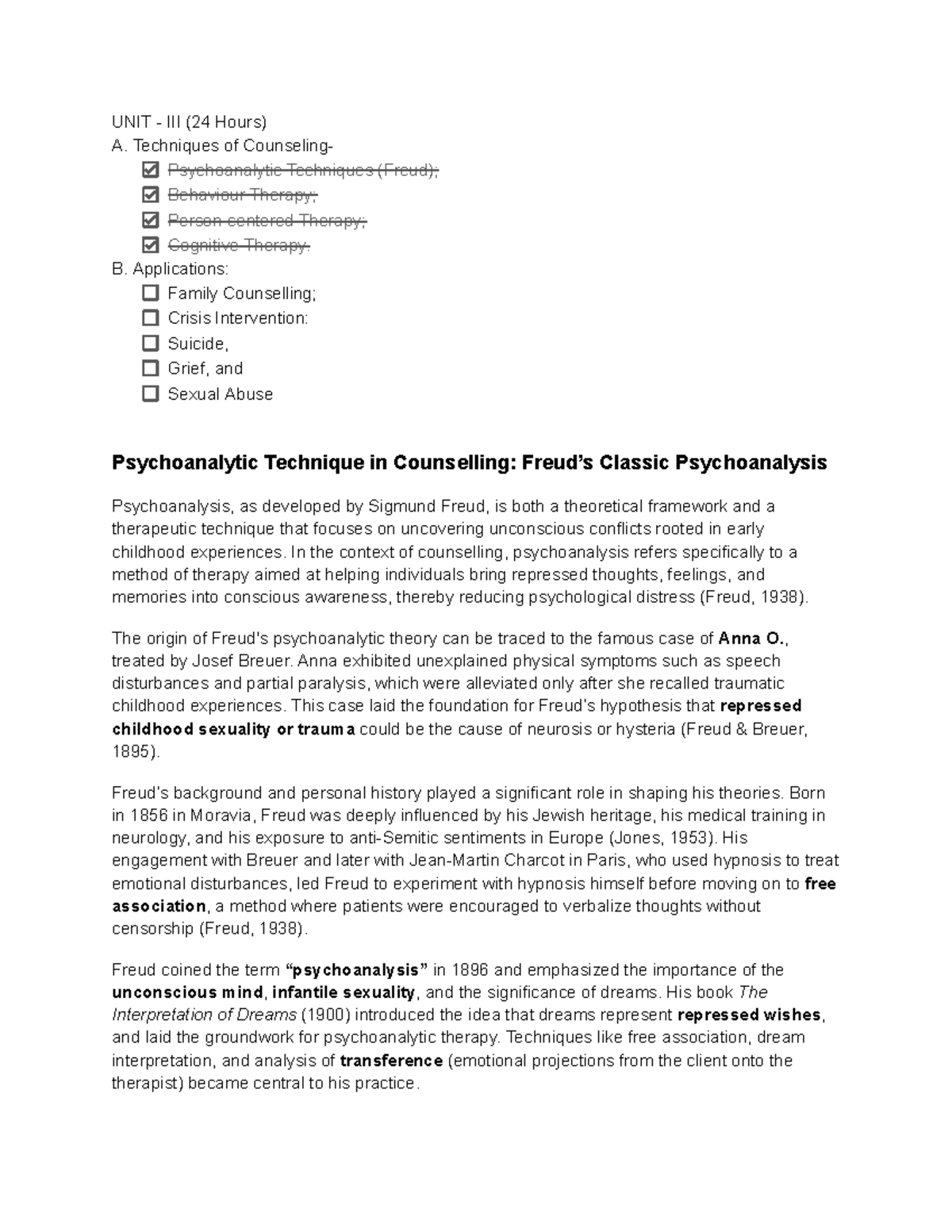 Counselling Psychology Notes NEP: Psychoanalytic Techniques and ...