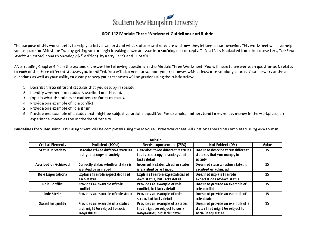 SOC 112 Module Three Worksheet: Statuses, Roles, and Inequalities - Studocu