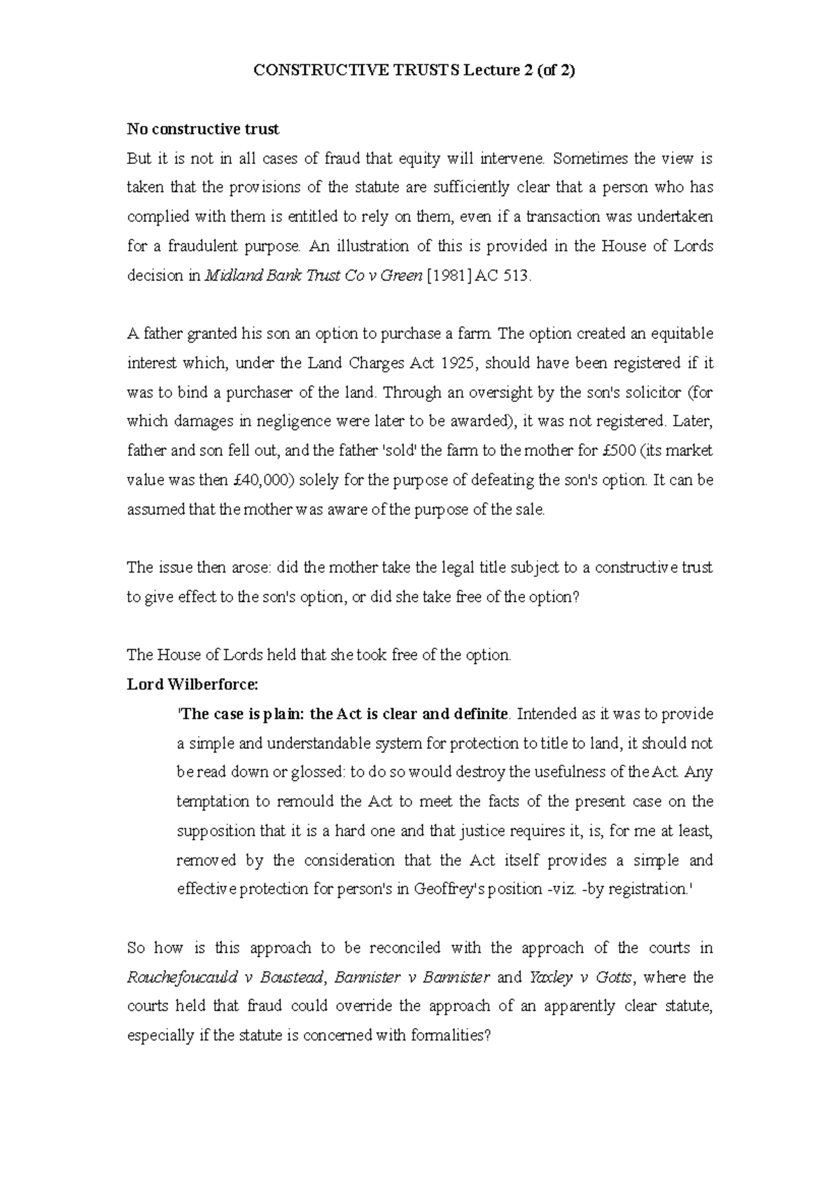 H' Const 2 - Constructive Trusts - CONSTRUCTIVE TRUSTS Lecture 2 (of 2) No constructive trust ...