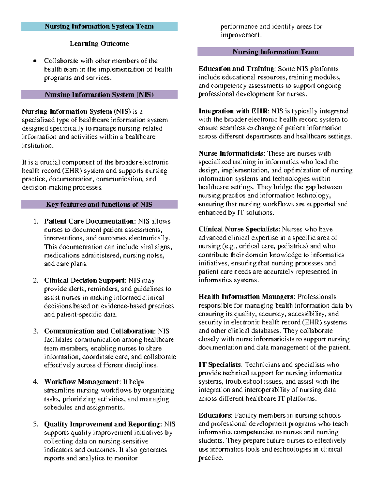 Nursing Informatics System (NIS) - Team Collaboration Guide - Studocu