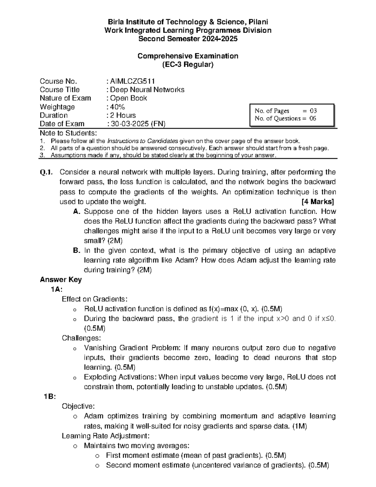 Comprehensive Exam AIMLCZG511: Deep Neural Networks - April 2025 - Studocu