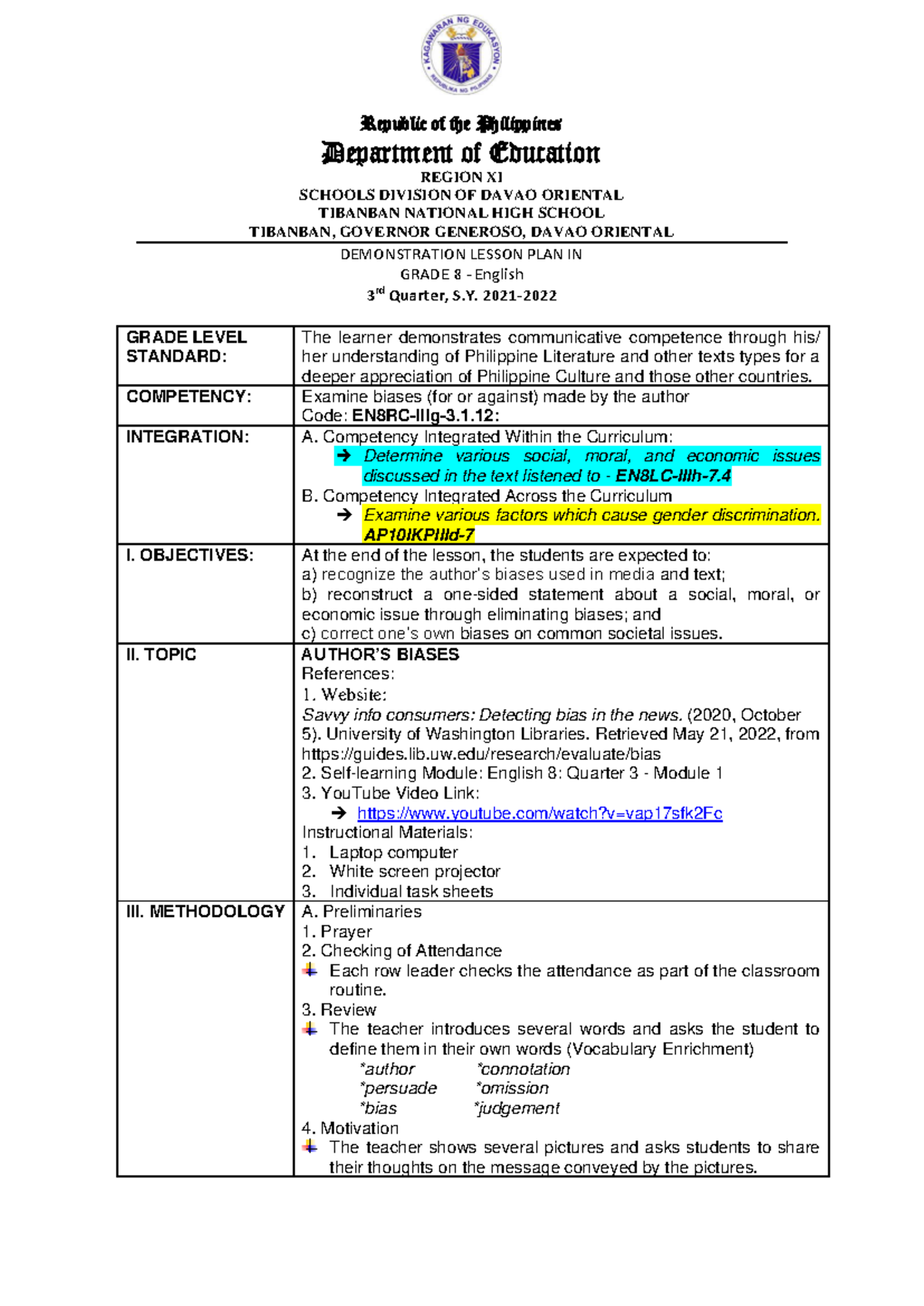 Examining Author Biases - Lesson Plan EN8RC-IIIg-3.1.12 - Studocu