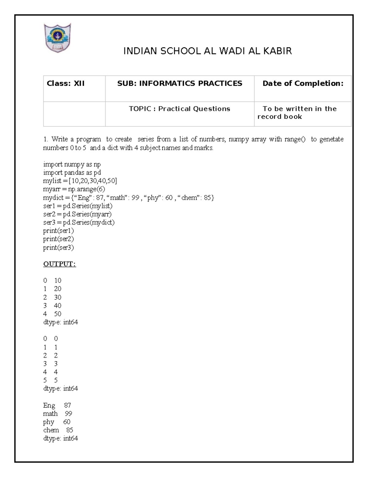 Class XII - IP Practical Questions Record Book Programs - Studocu