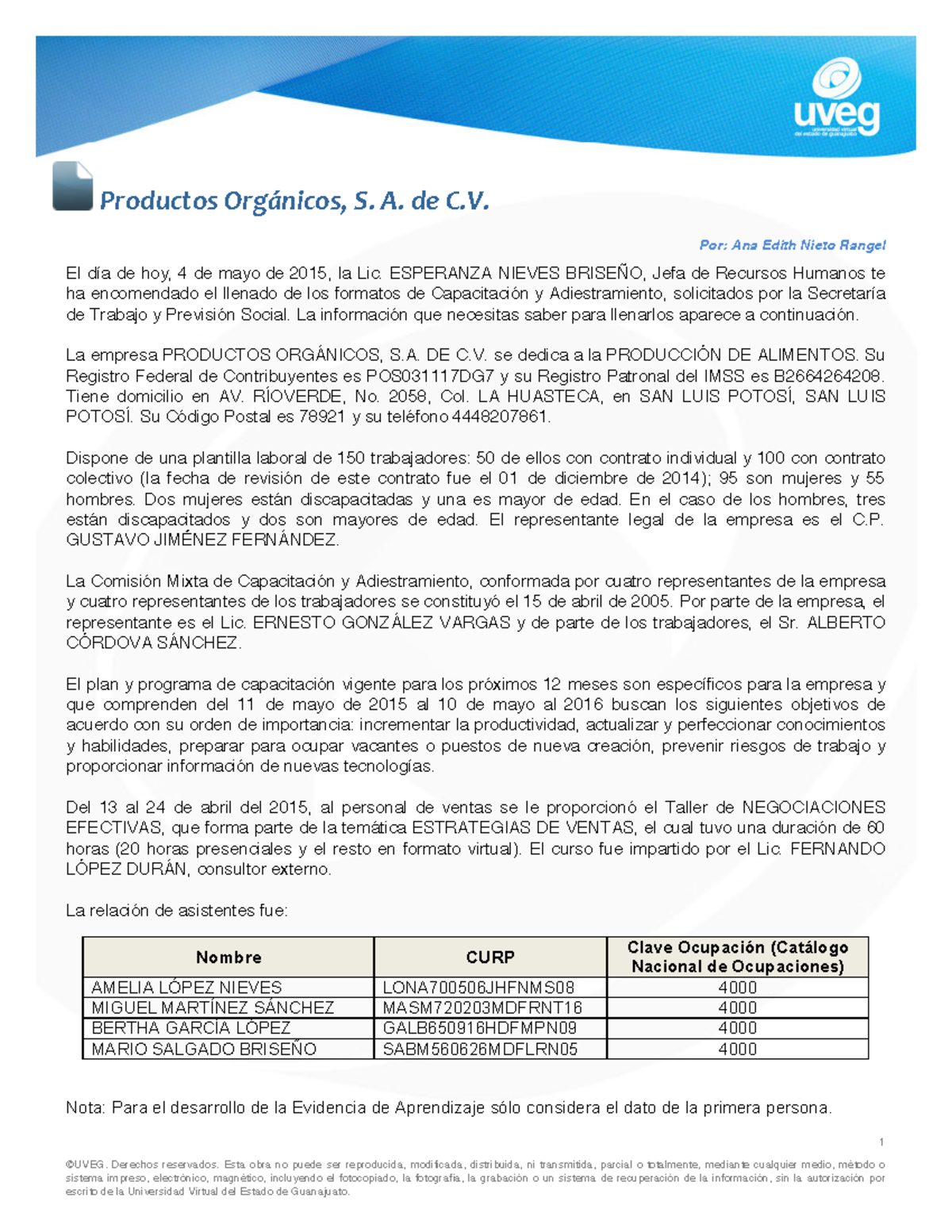 Informe sobre Capacitación y Adiestramiento - Productos Orgánicos S.A. DE C.V. - Studocu